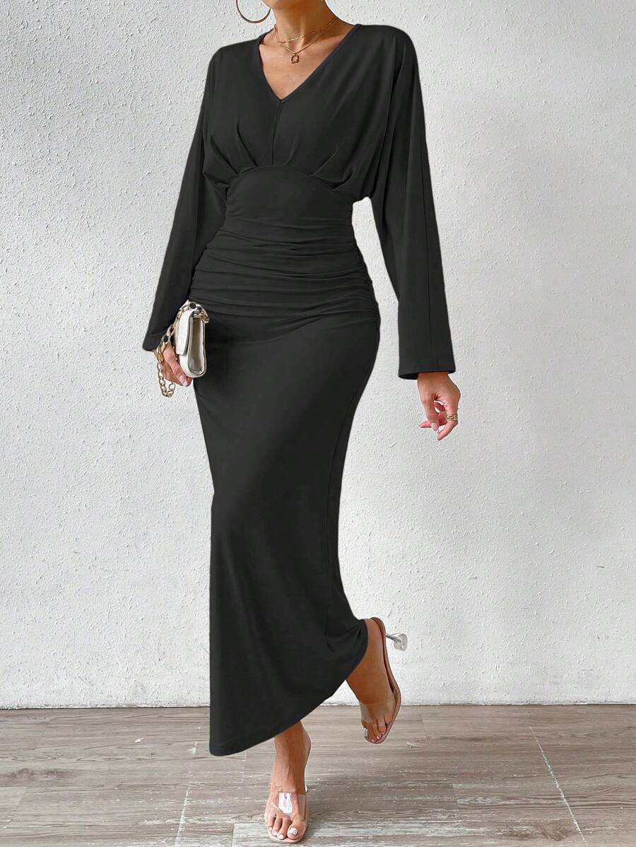 Chiquease Solid Ruched Bodycon Dress Maxi Women Outfit | SHEIN USA