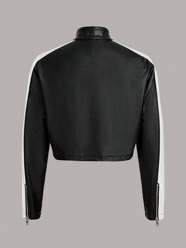 Shein Coolane Bikercore Letter Graphic Colorblock Zip Leather Look Crop