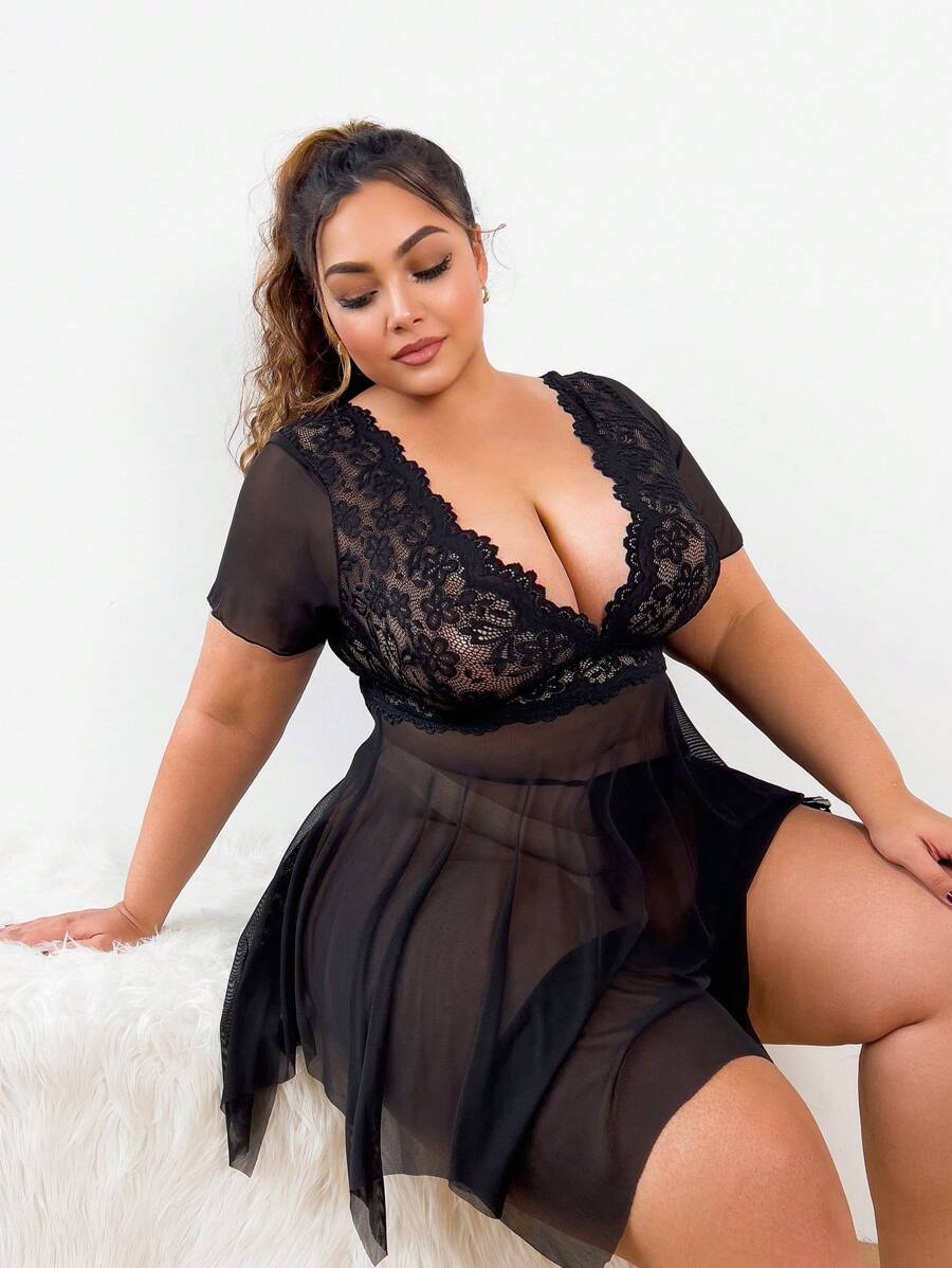 Classic Sexy Plus Contrast Lace Mesh Dress With Thong | SHEIN USA