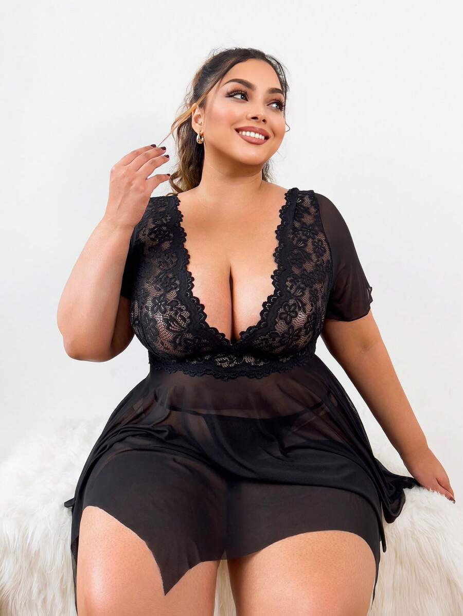 Classic Sexy Plus Contrast Lace Mesh Dress With Thong | SHEIN USA