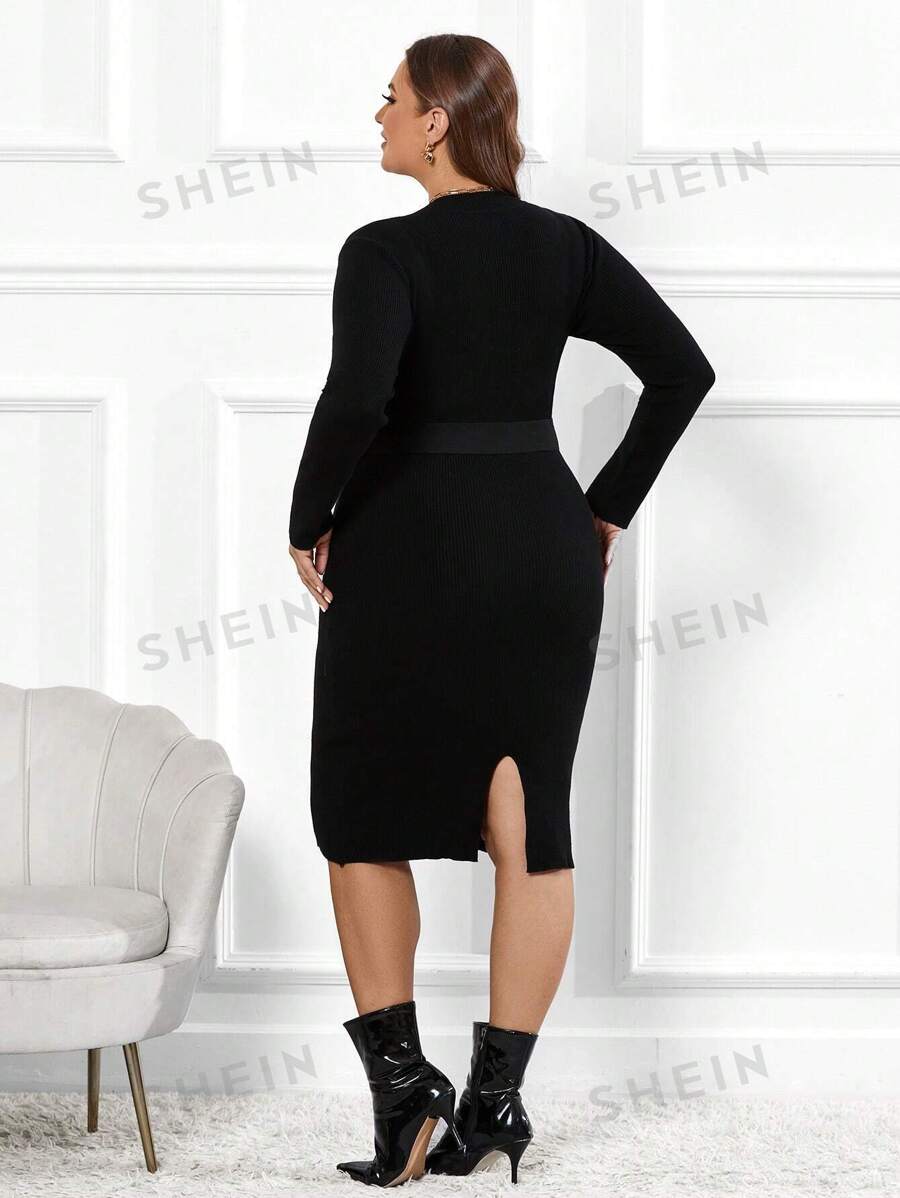 SHEIN Clasi Plus Size Sweater Dress With Front Button, Back Slit And ...