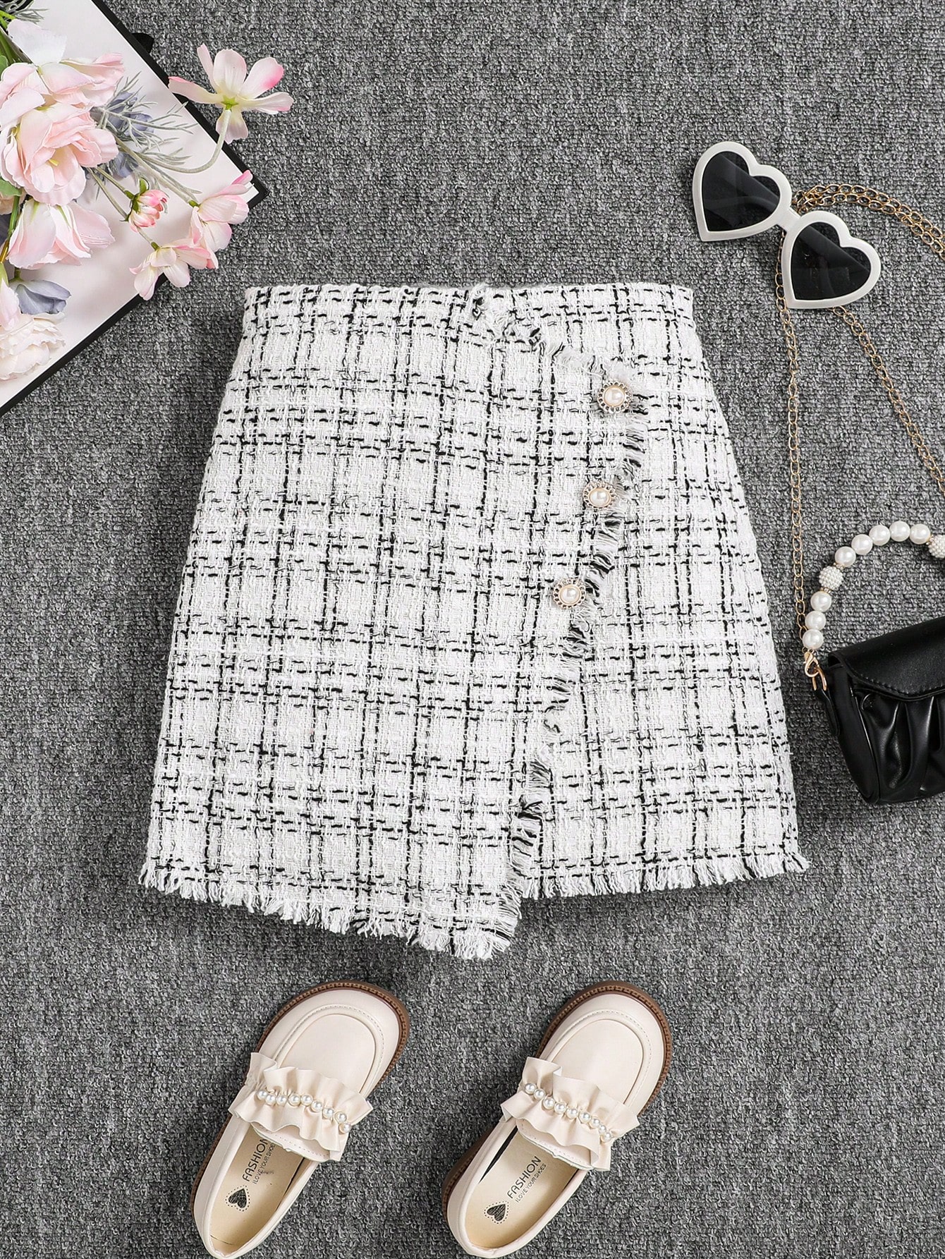 SHEIN 10代の女の子 スカート ツイード ギンガムチェック柄 ボタン | SHEIN JAPAN