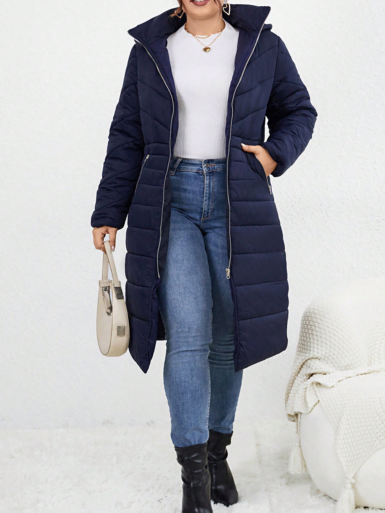 SHEIN LUNE Plus-Size Zipper Front Hooded Padded Jacket | SHEIN UK