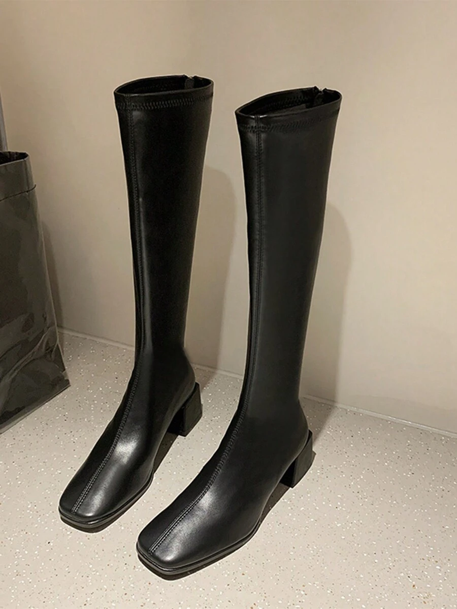 Women's Mid-calf Chunky Heel Square Toe Pu Boots, Knee High Boots To ...