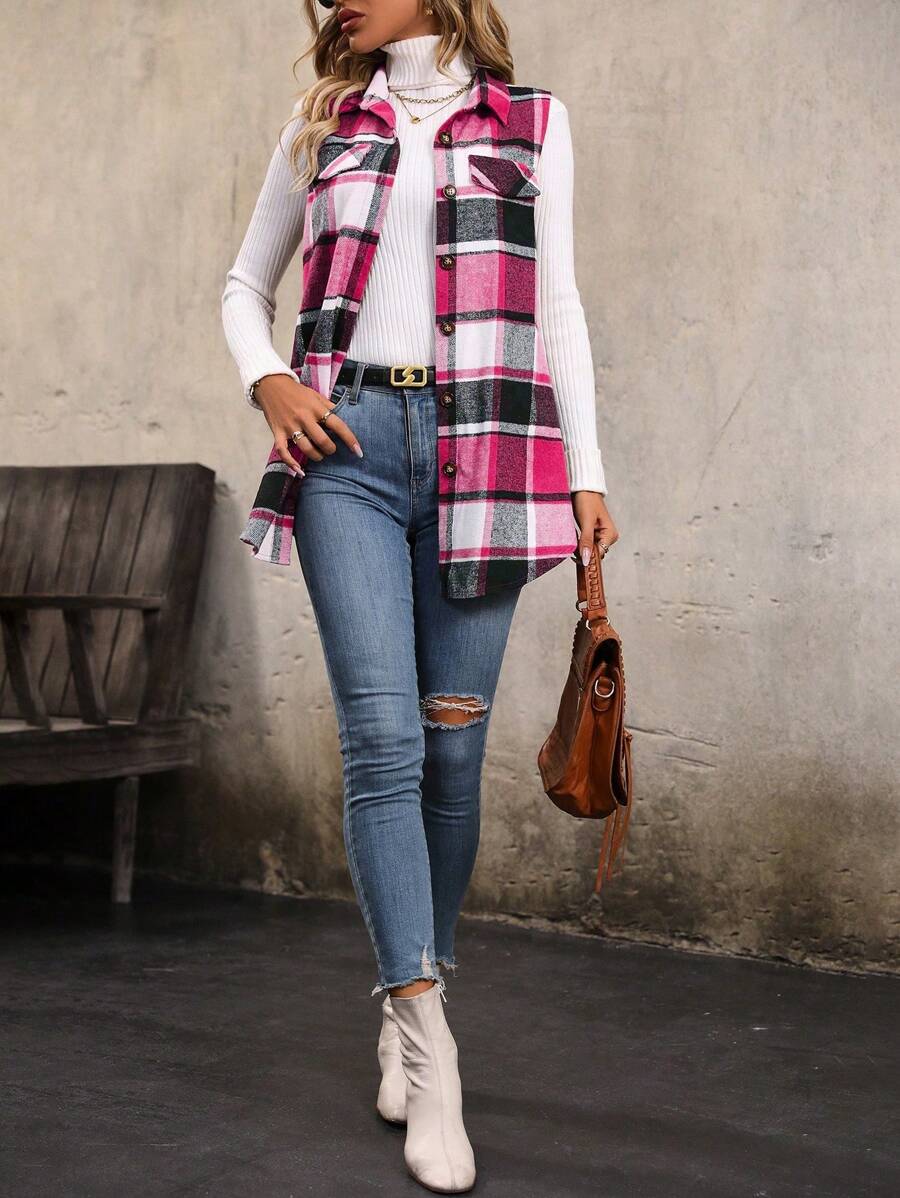 Women's Sleeveless Pink Plaid Jacket | SHEIN USA