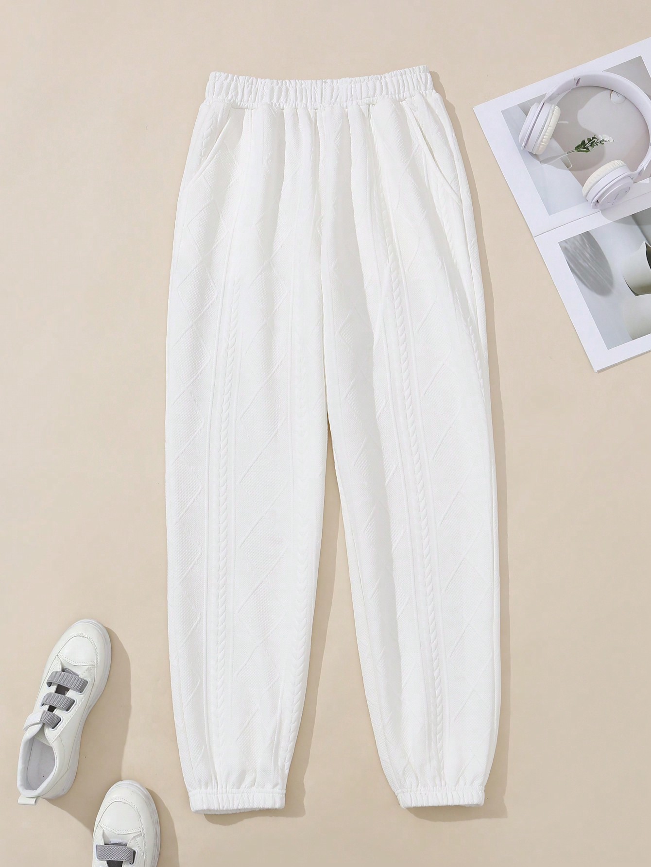 SHEIN Essnce Elastic Waist Solid Color Textured Sweatpants | SHEIN USA