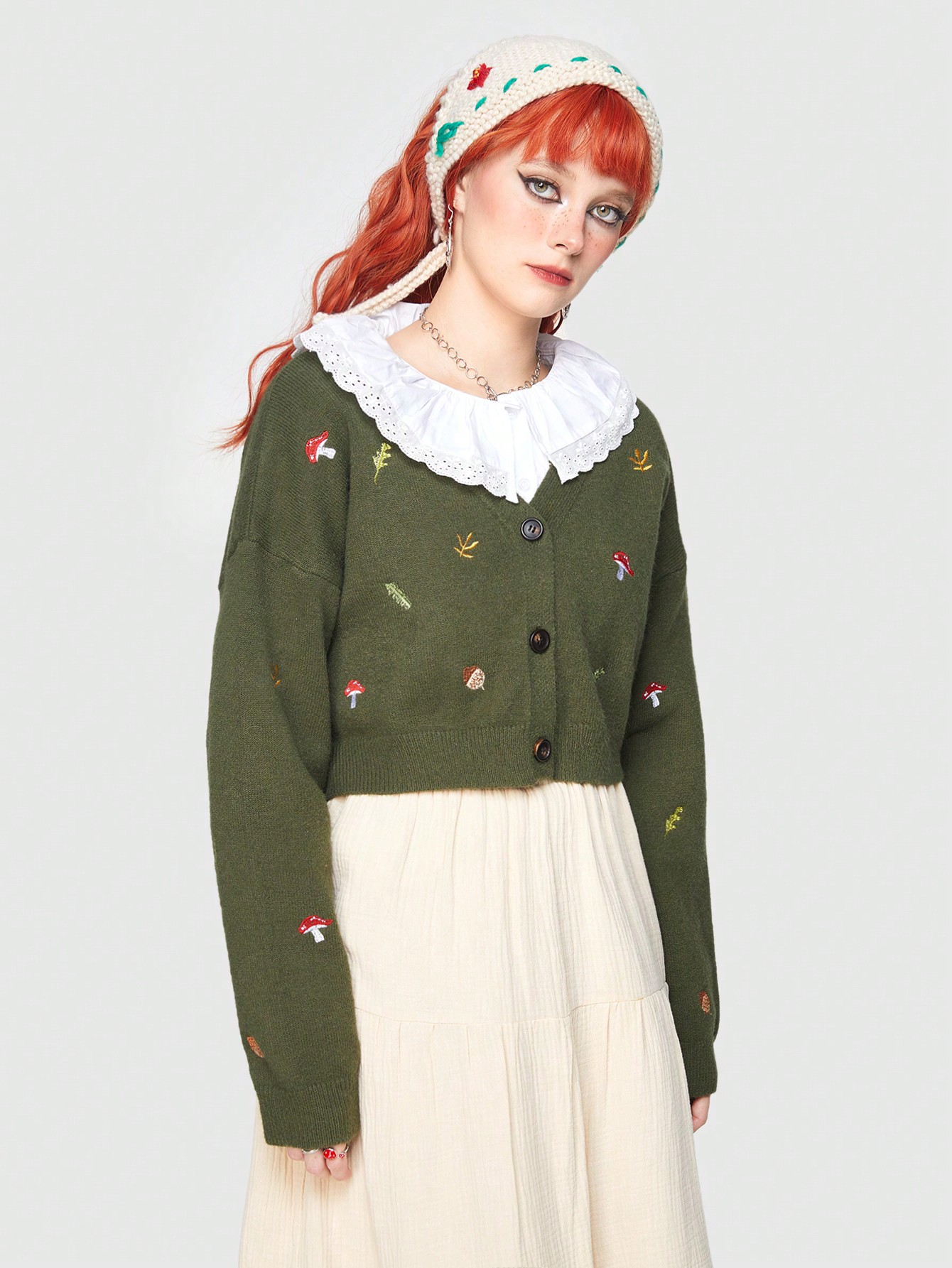 Romwe Fairycore Womens Mushroom Embroidery Open Front Cardigan Without