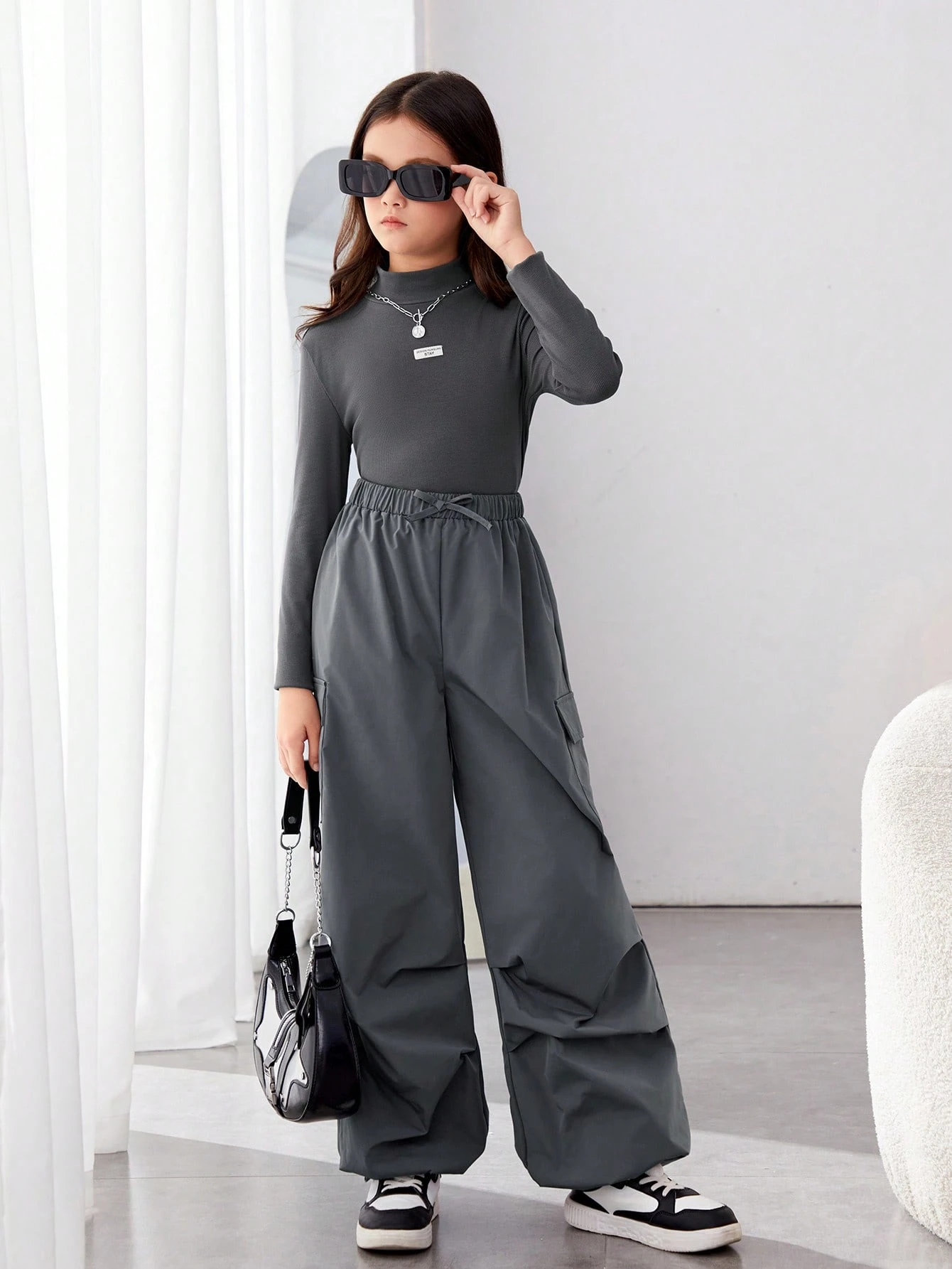 SHEIN 2 st./set Tween meisje Sport Gebreid Effen kleur Kraag Lange mouwen Tops En Effen kleur ...