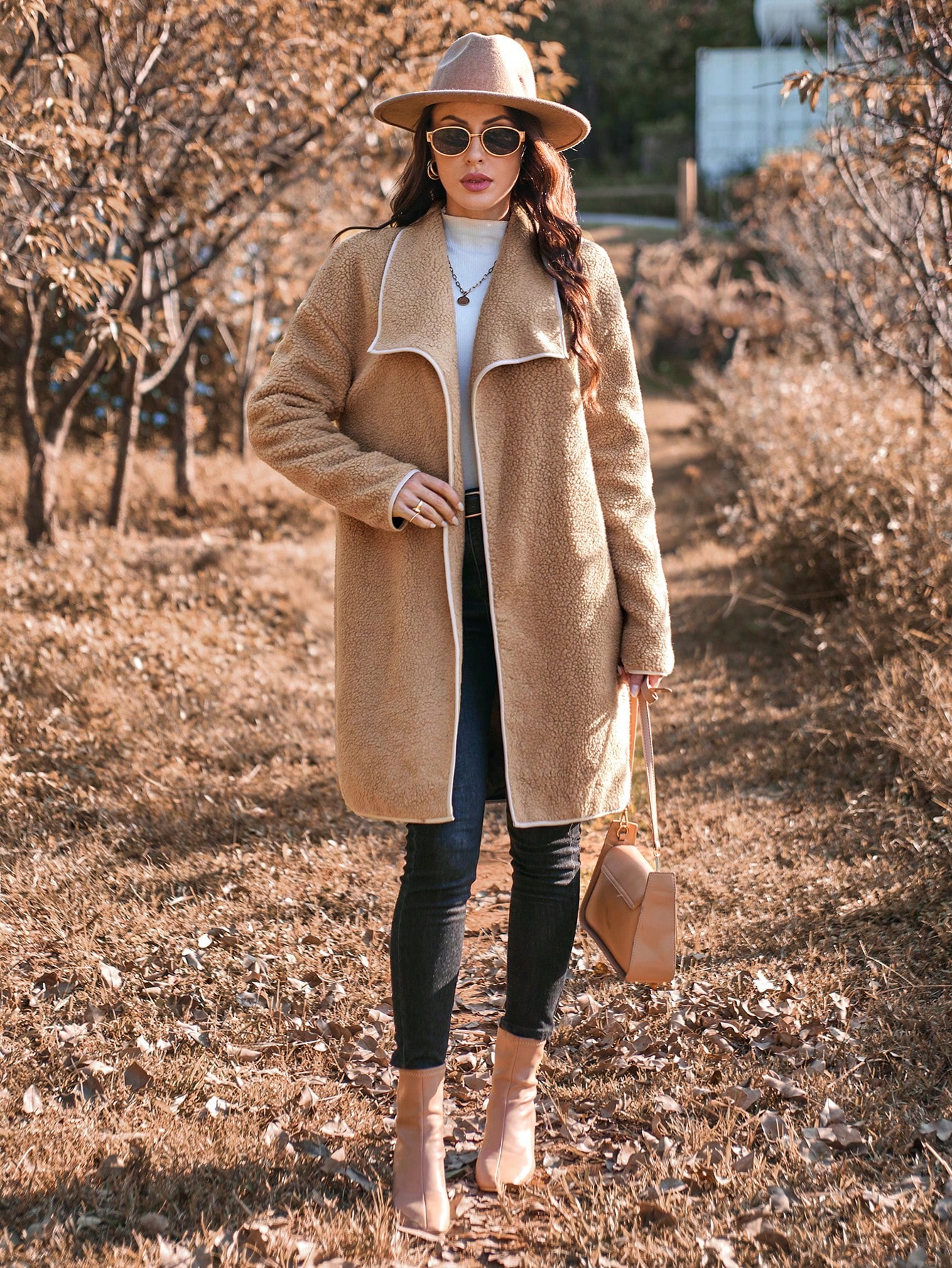 SHEIN Essnce Contrast Binding Open Front Teddy Coat | SHEIN USA