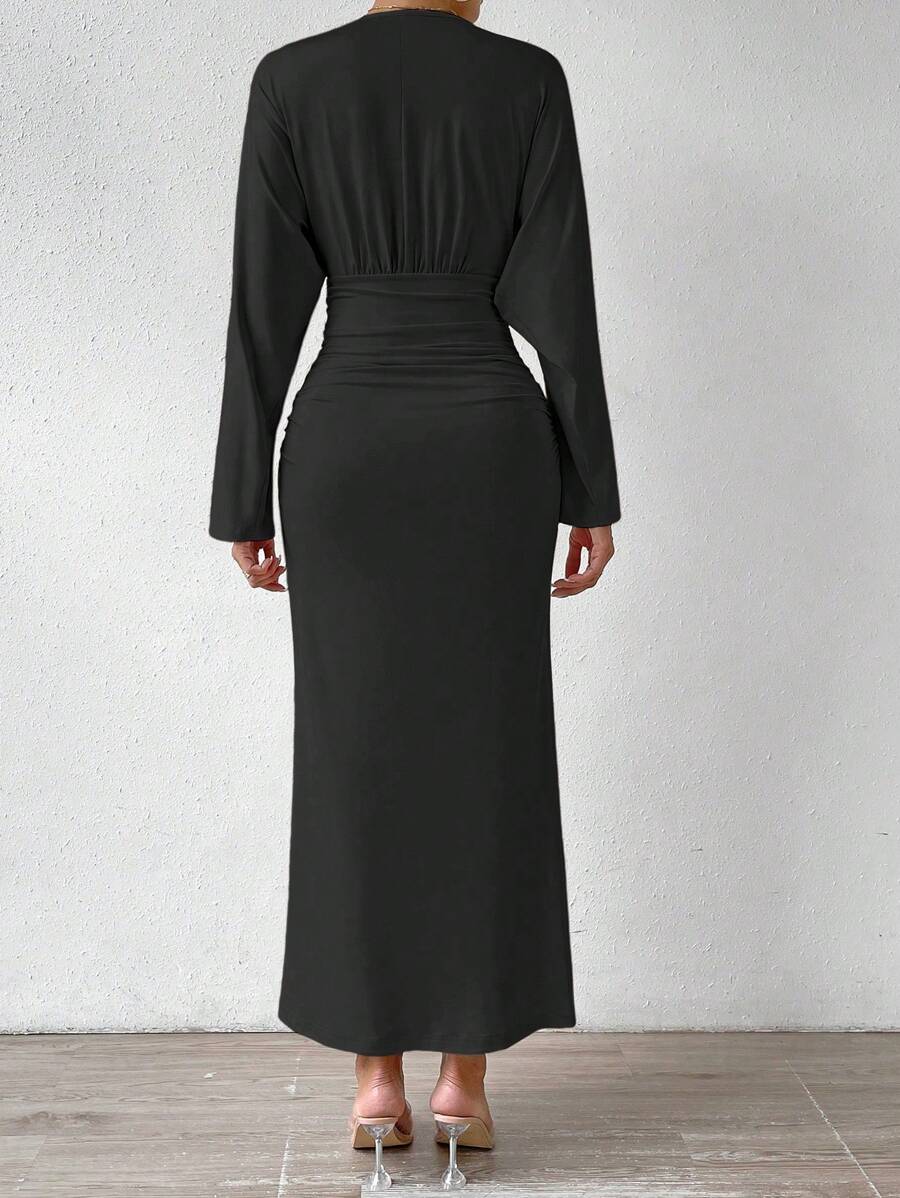 SHEIN Raffinéa Solid Ruched Bodycon Dress Maxi Women Outfit | SHEIN UK