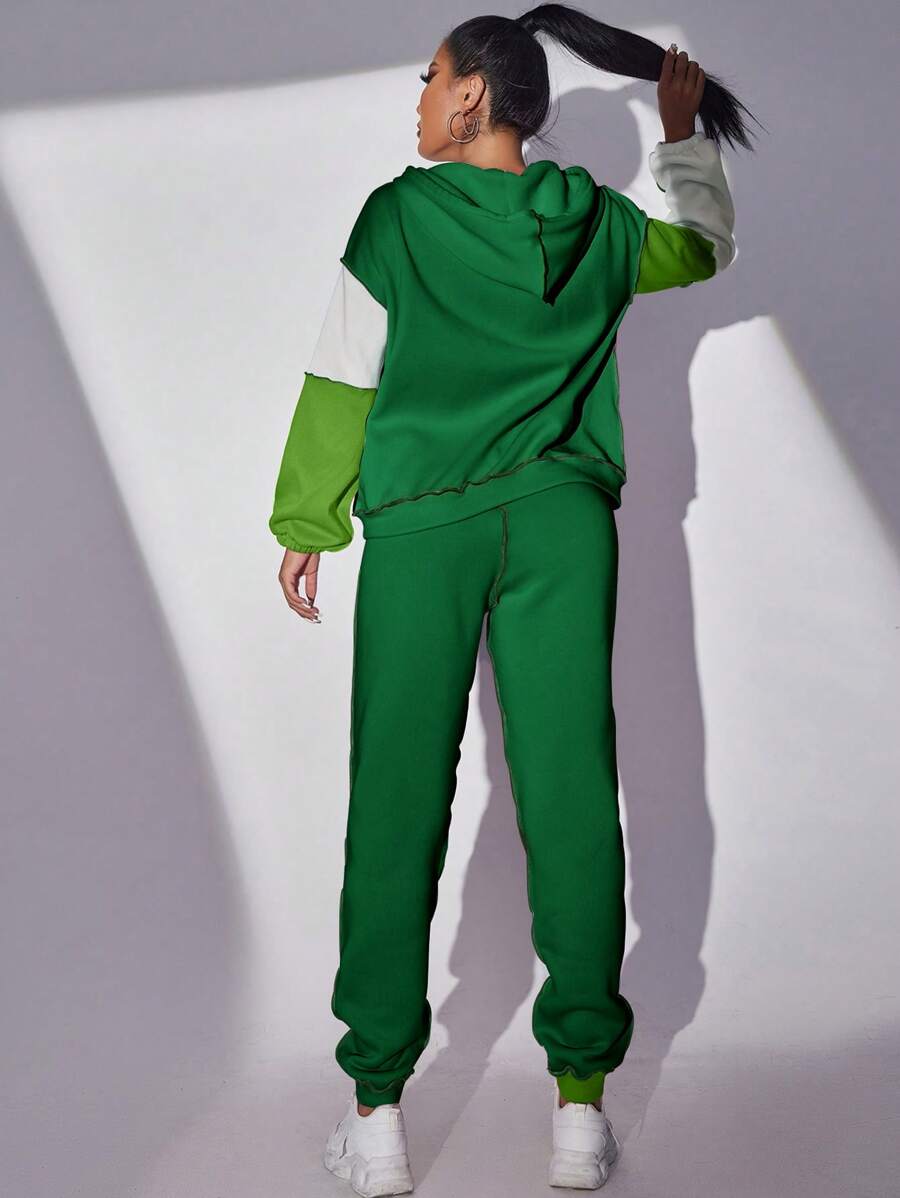 SHEIN MOOSTA Ladies' Contrast Color Drop Shoulder Hoodie And Sweatpants ...