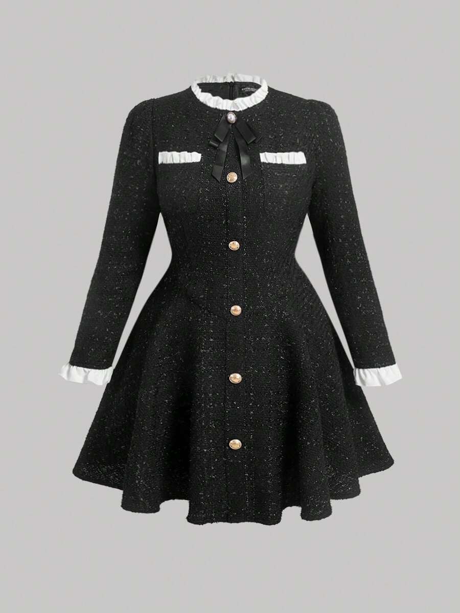 SHEIN MOD Plus Contrast Trim Bow Front Tweed Dress,Graduation Dress ...