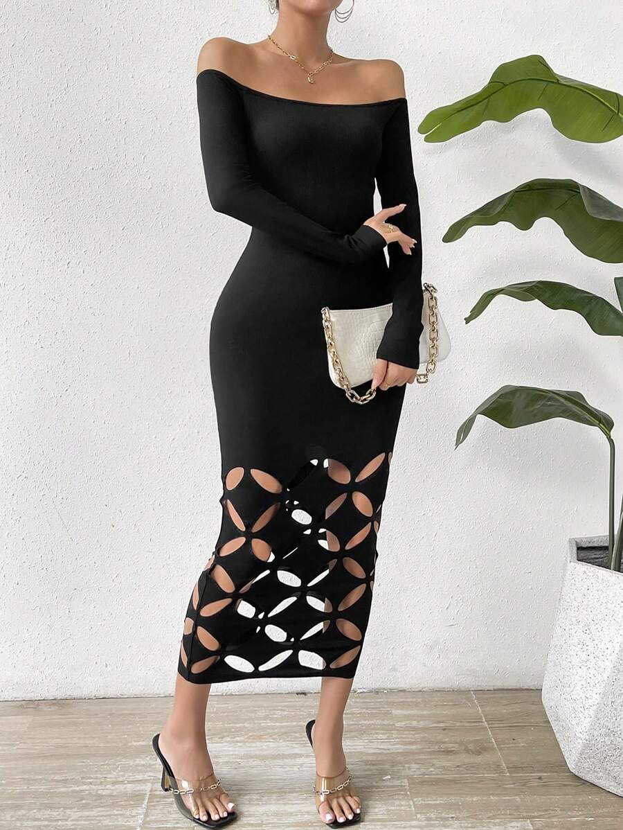Chiquease Off Shoulder Cut Out Bodycon Dress Maxi Women Outfit Fall ...