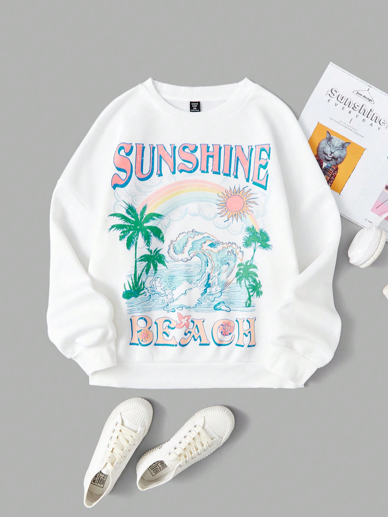 Shein Ezwear Plus Letter And Tropical Print Drop Shoulder Sweatshirt