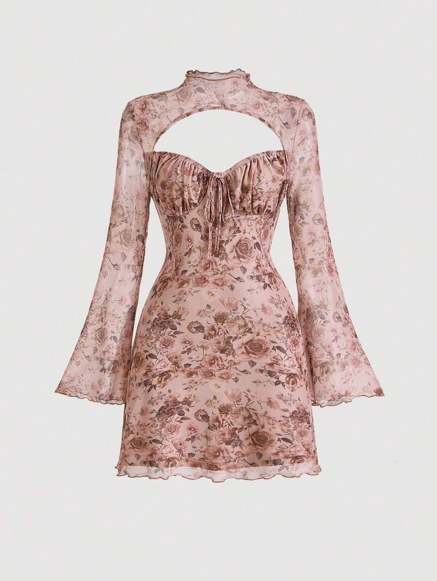 Shein Mod Floral Print Cut Out Front Flare Sleeve Ruched Bust Lettuce