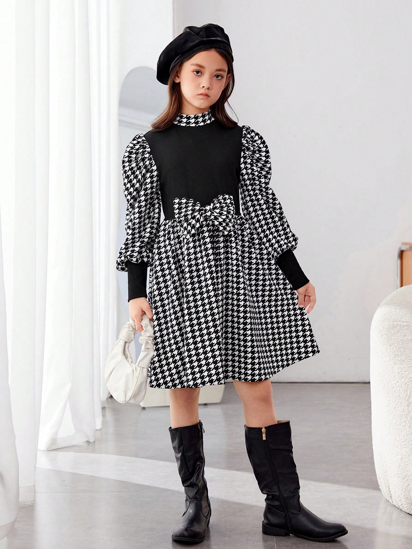 SHEIN Tween Girl Houndstooth Print Mock Neck Puff Sleeve Bow Front Dress | SHEIN EUR