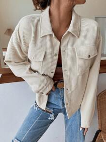 SHEIN EZwear Apricot Flap Pocket Button Front Corduroy Jacket | SHEIN UK