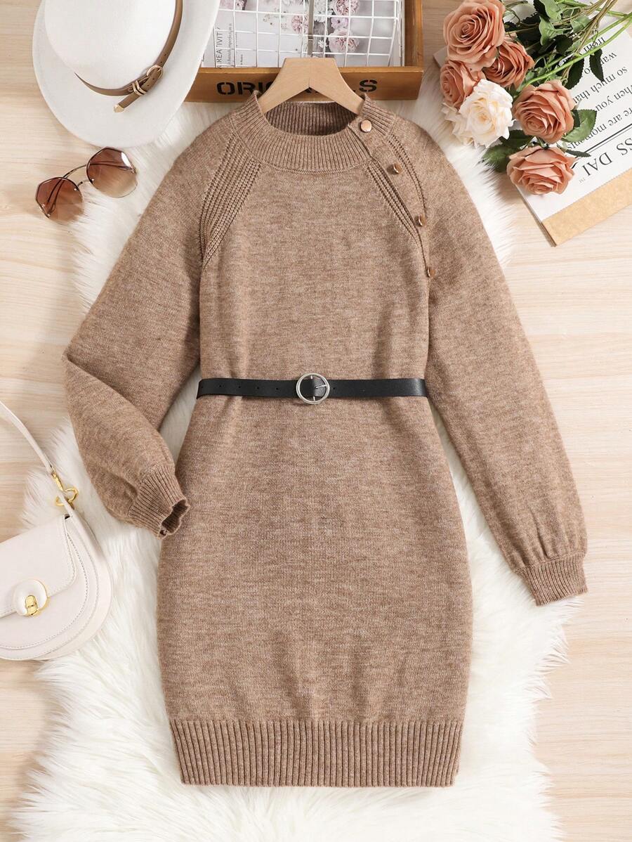 Teenage Girls' Solid Color Knitted Sweater Dress With Soft And Cozy ...