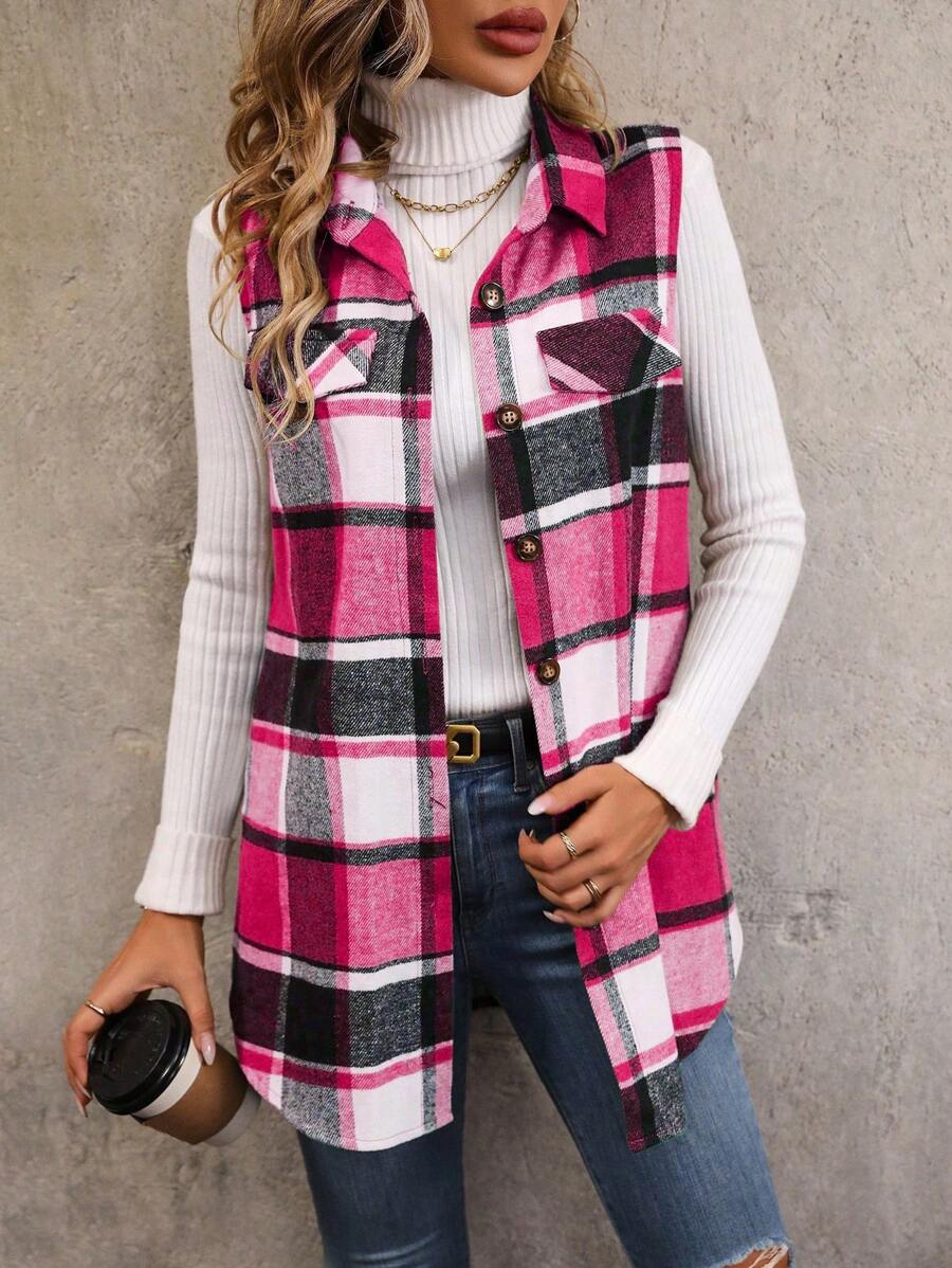 Women's Sleeveless Pink Plaid Jacket | SHEIN USA
