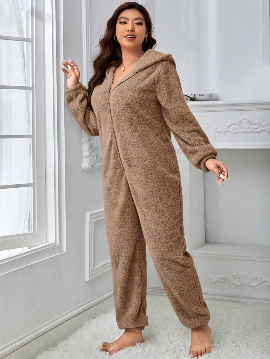 Plus Size Solid Color Hooded Pajama Jumpsuit | SHEIN USA