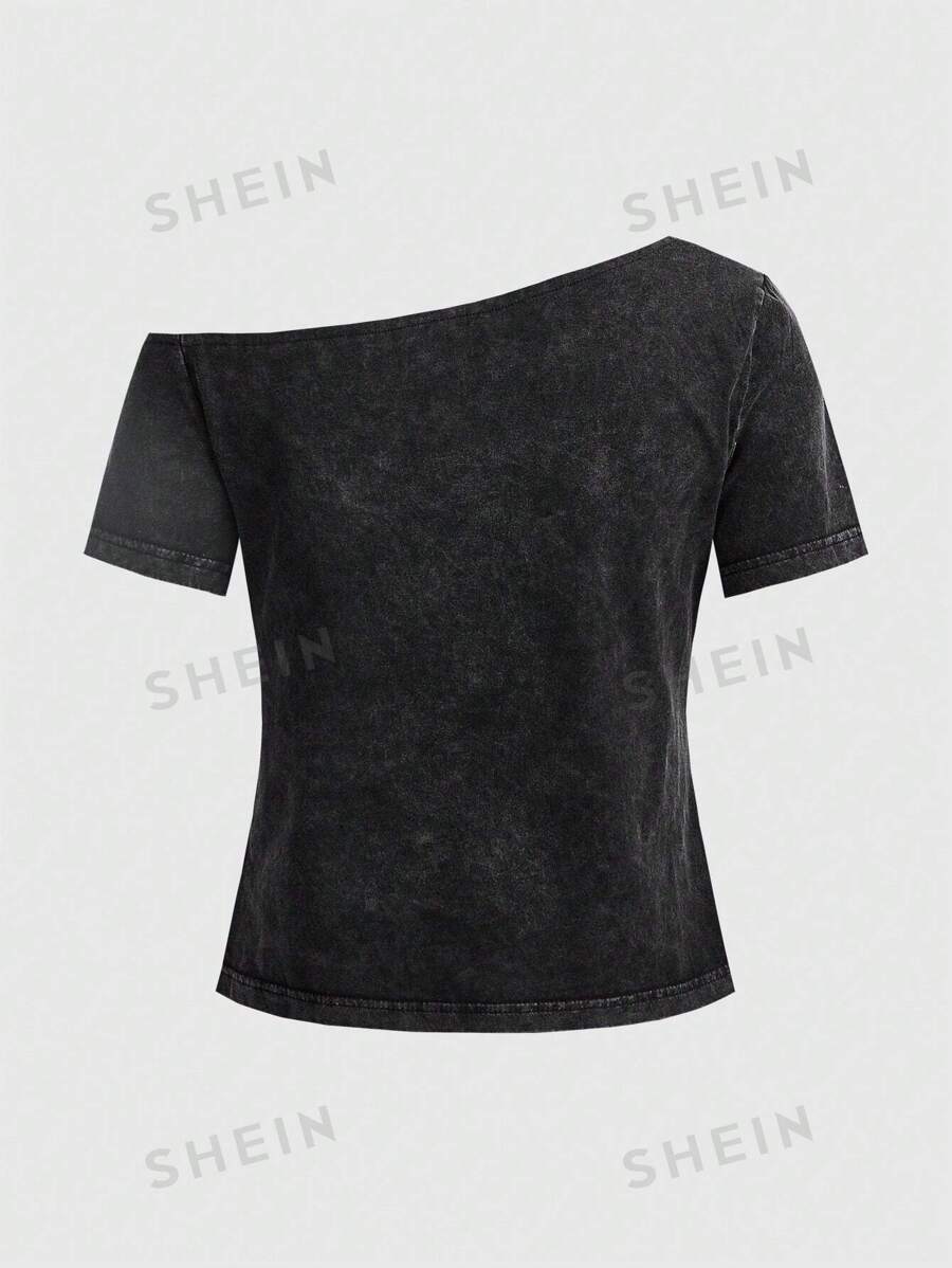 ROMWE Goth Women's Asymmetrical Neck Rose Printed T-Shirt | SHEIN USA