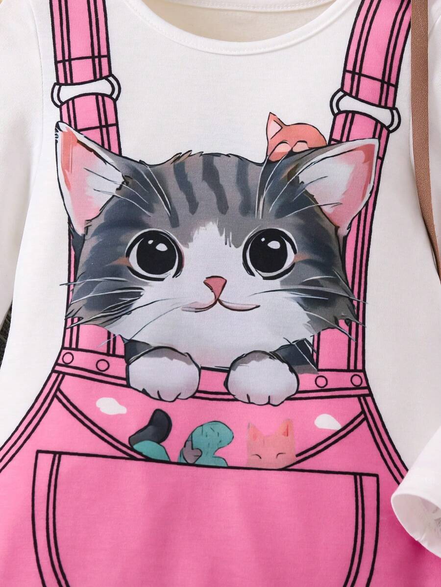 SHEIN Young Girl Cat Print Contrast Color Dress | SHEIN UK