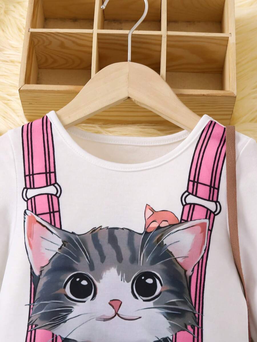 SHEIN Young Girl Cat Print Contrast Color Dress | SHEIN UK