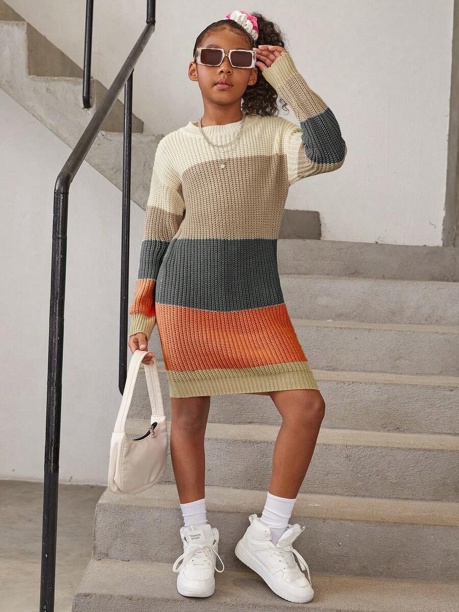 SHEIN Tween Girl Color Block Drop Shoulder Sweater Dress | SHEIN USA