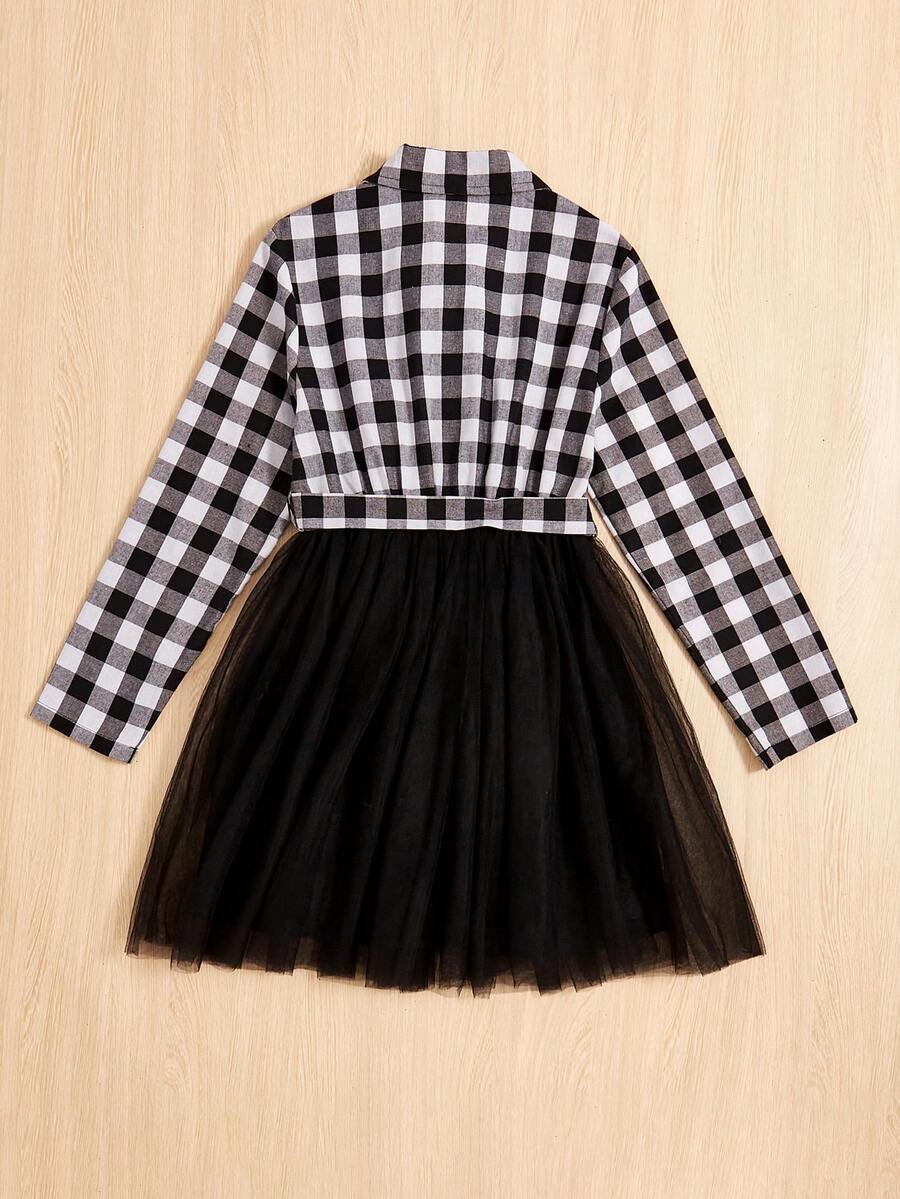 SHEIN Tween Girl Woven Plaid Collar And Net Yarn Romantic Dress | SHEIN USA