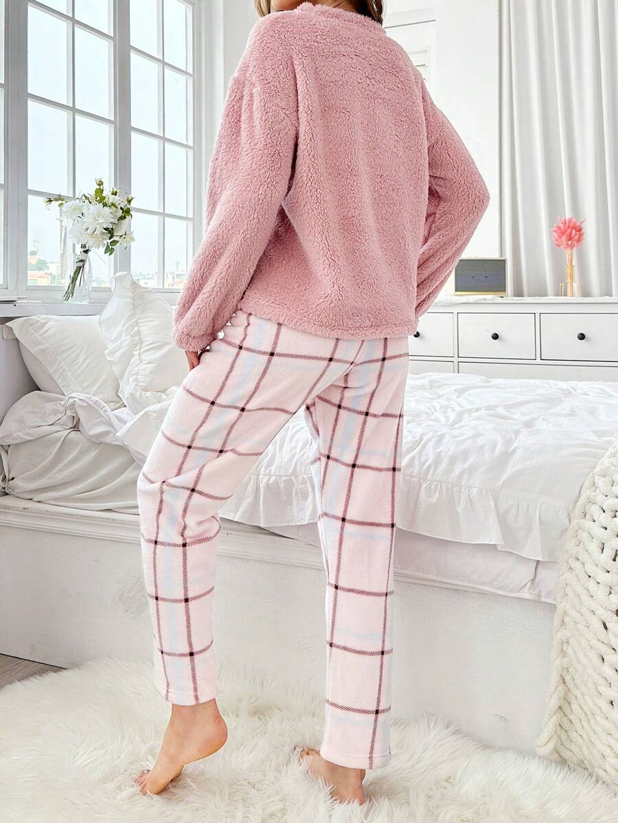 Women's Plush Solid Color Pajamas And Plaid Sleep Pants Set | SHEIN USA