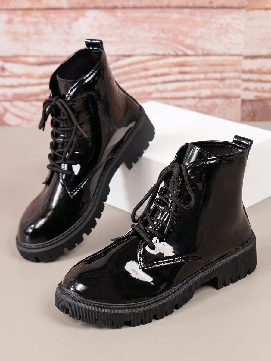 Women's Round Toe Glossy Patent Leather Lace Up Fashion Boots Black ...
