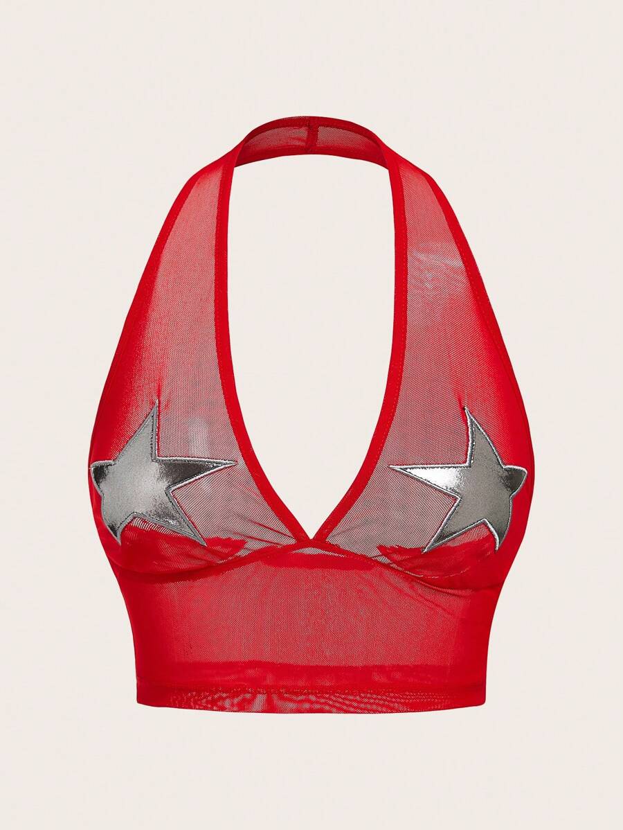 SHEIN ICON Star Print Backless Halter Red Top | SHEIN USA