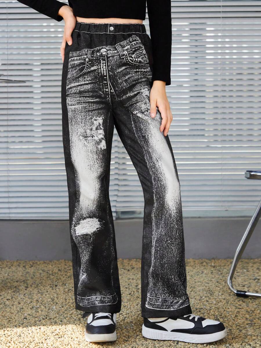 SHEIN Jean Évasé À Large Jambe À Effet Denim Pour Les Préados Filles ...