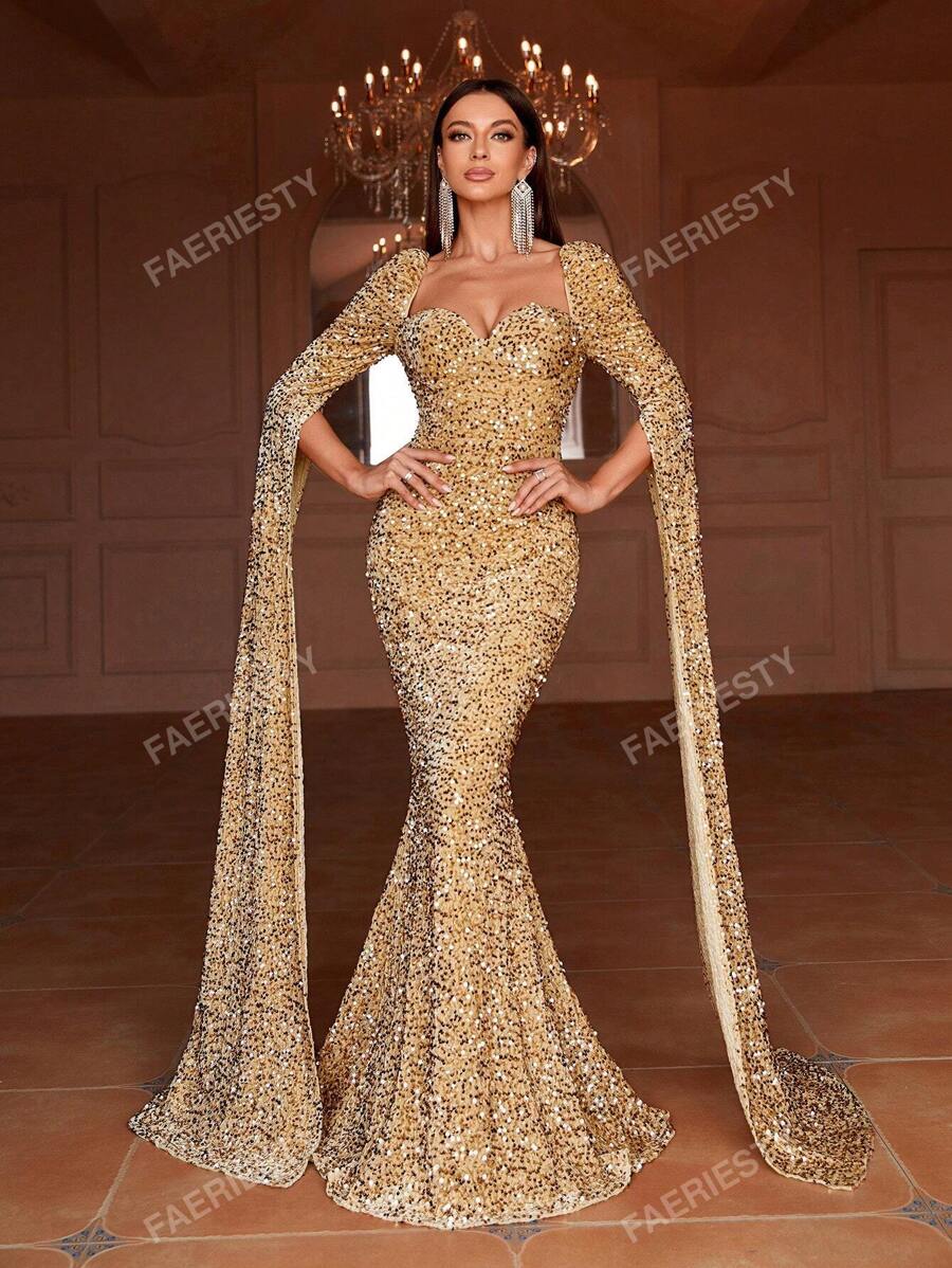 Faeriesty Sweetheart Neck Extra-Long Sleeve Sequin Mermaid Dress Elegant Formal Evening Prom ...