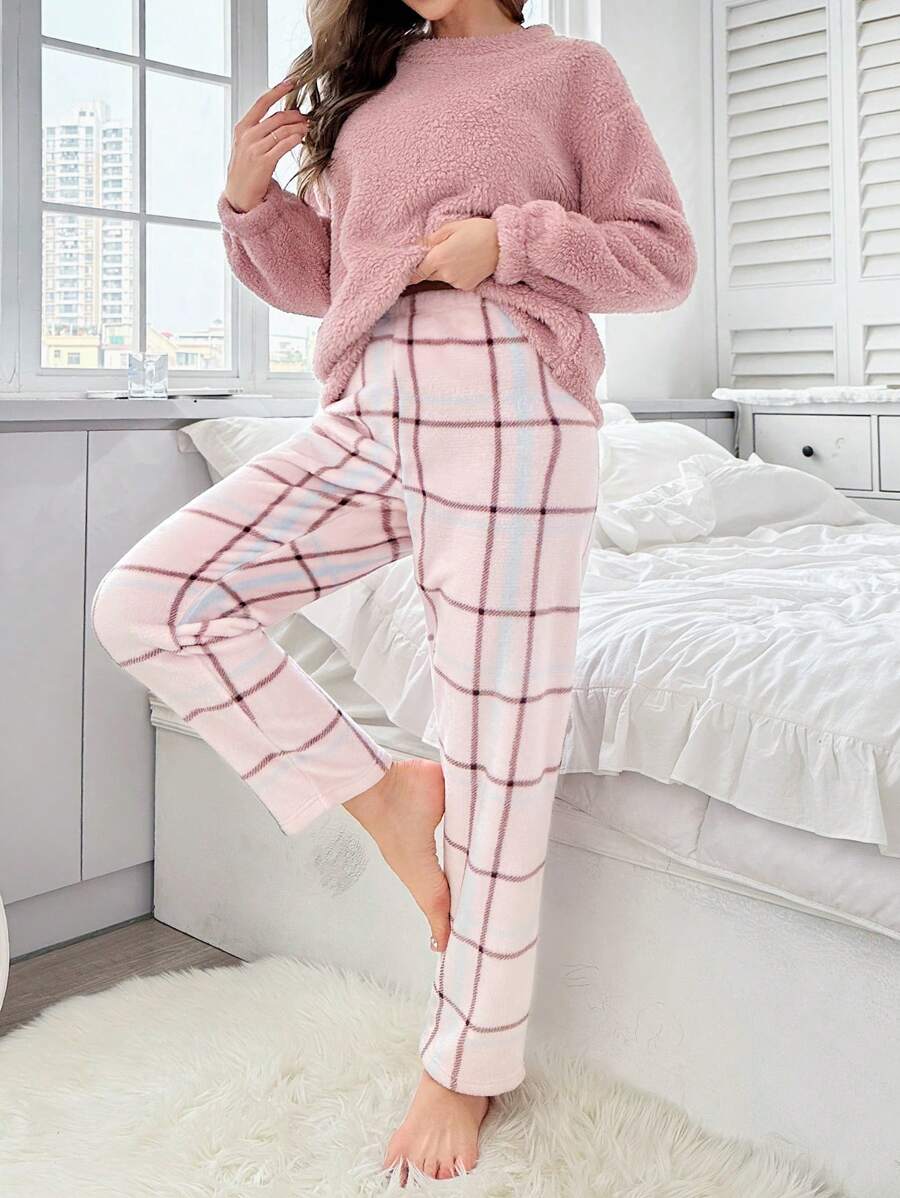 Women's Plush Solid Color Pajamas And Plaid Sleep Pants Set | SHEIN USA