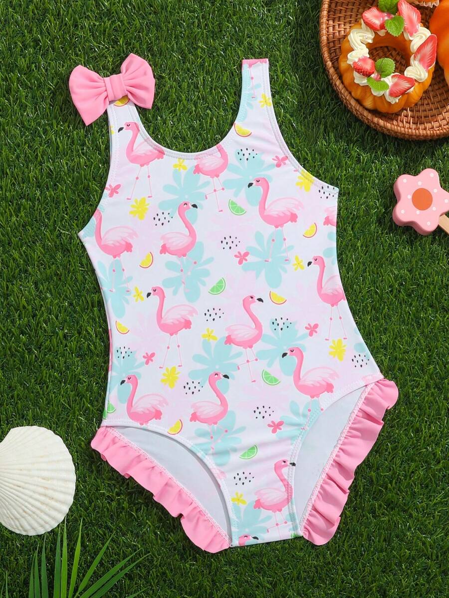 Young Girl One Piece Swimsuit With Flamingo Print And Bow Decorations