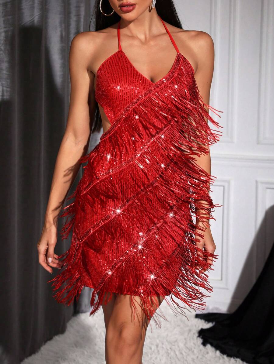 Allurite Layered Fringe Trim Backless Sequin Halter Dress, Sequin Women ...