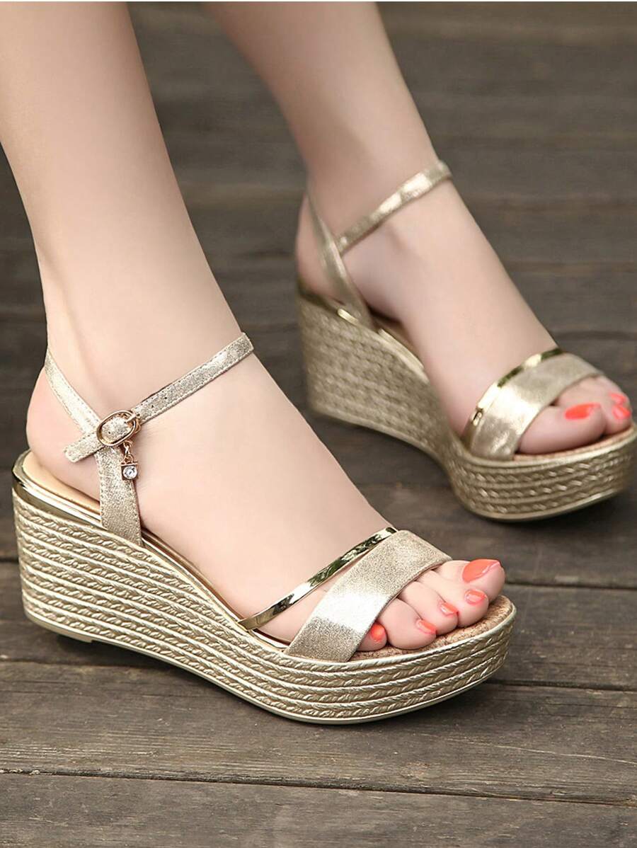 Women Metallic Ankle Strap Sandals, Vacation Gold Wedge Sandals | SHEIN USA