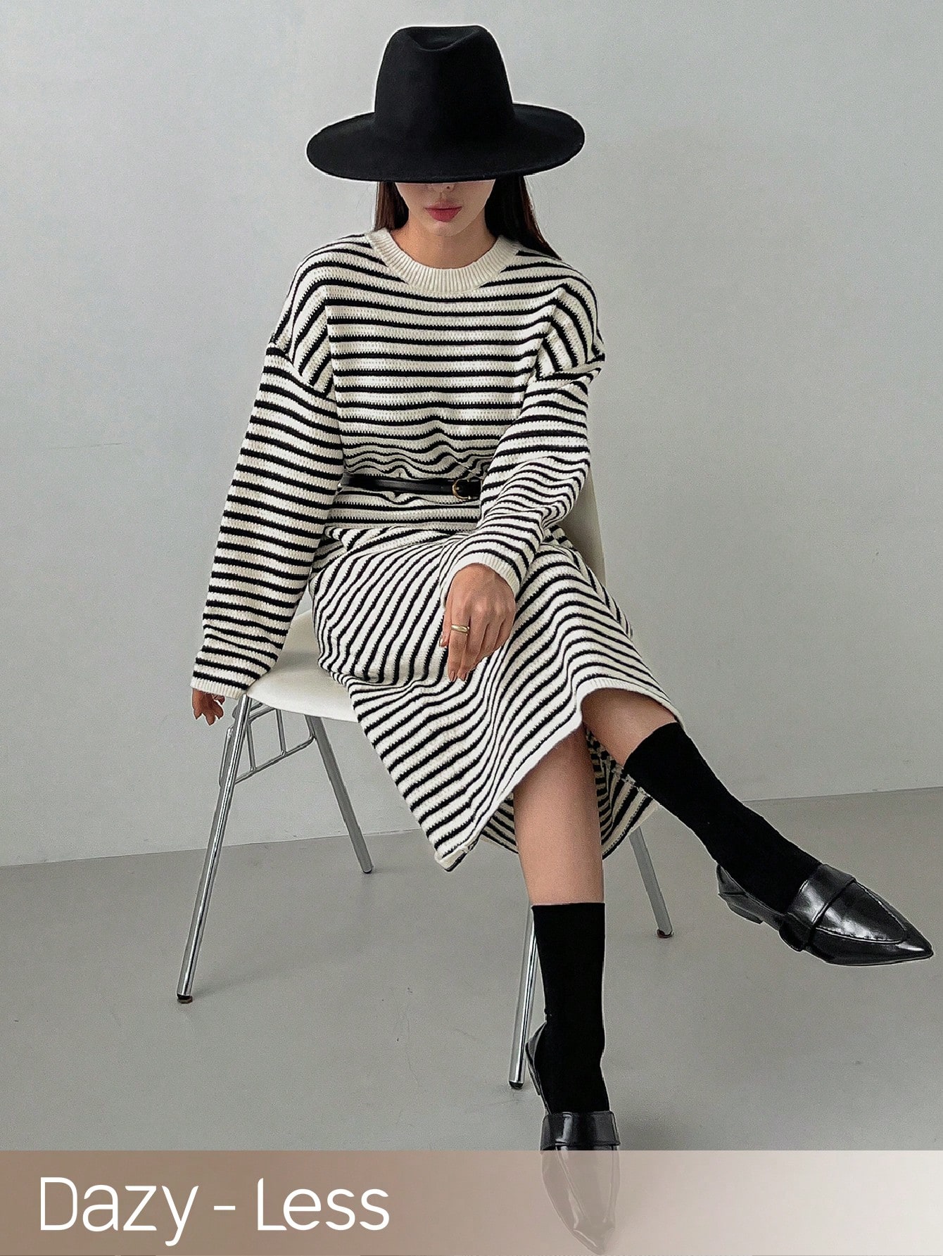 Dazy Less Striped Pattern Drop Shoulder Sweater Dress Without Belt