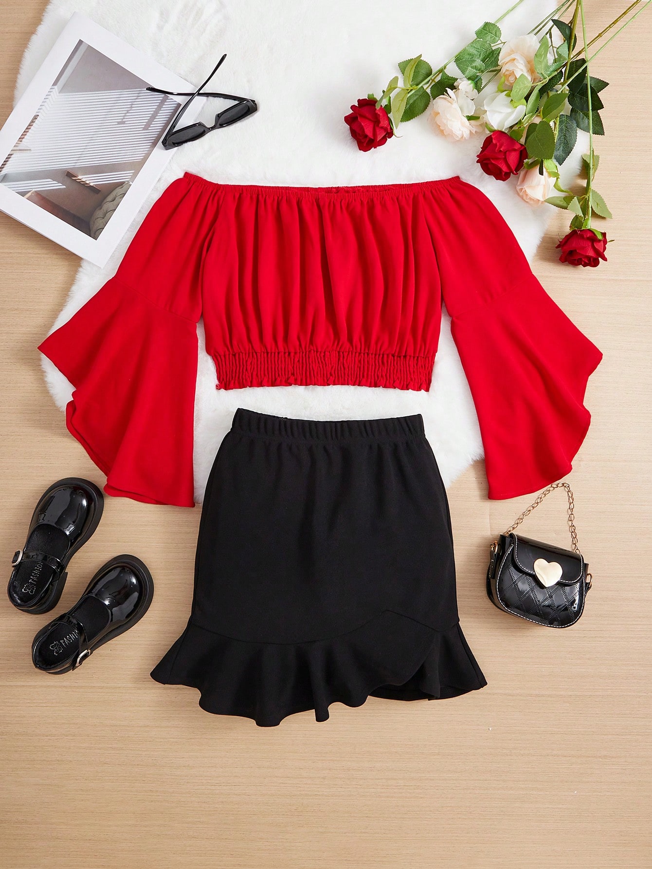 SHEIN Kids FANZEY Tween Girl Solid Off Shoulder Bell Sleeve Crop Top ...