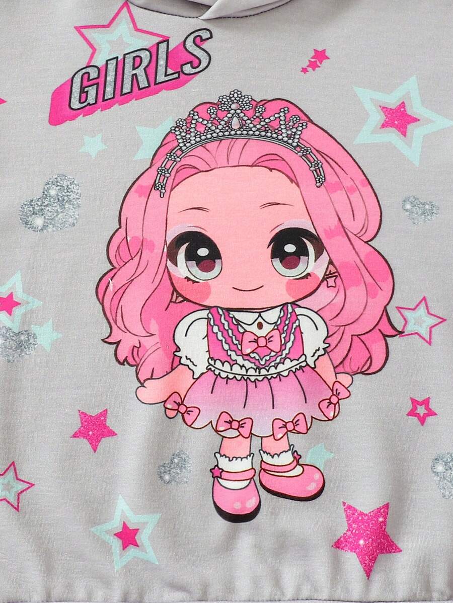 SHEIN Young Girl Cartoon Character Pattern Hooded Sweatshirt And Long ...
