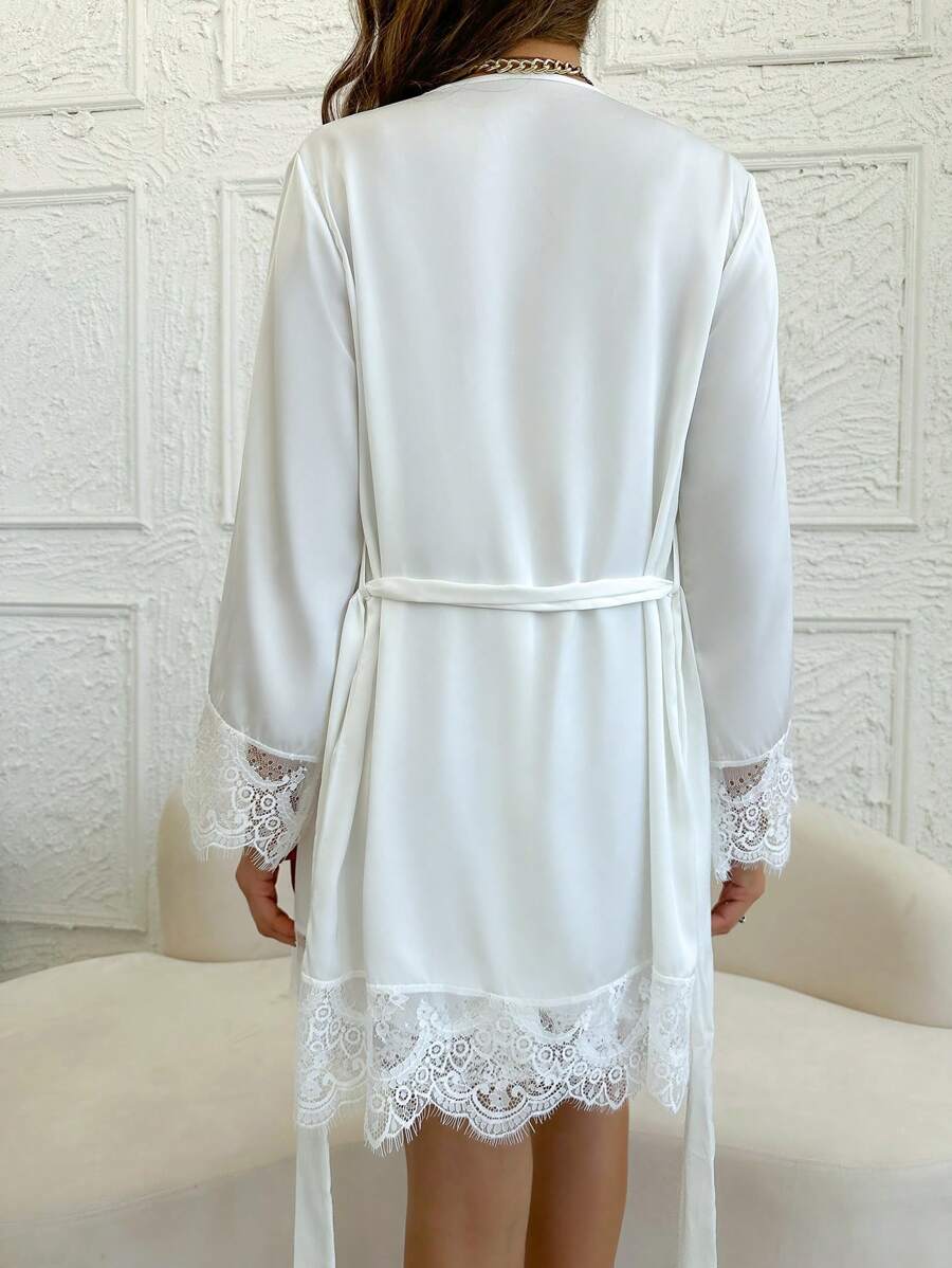 2pcs/set Spliced Lace Sleepwear Set With Belt | SHEIN USA