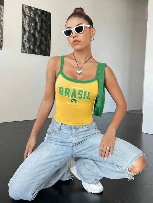 Shein Coolane Brazil Flag Print Sleeveless Tank Top With Sports Team Design For Sale Australia
