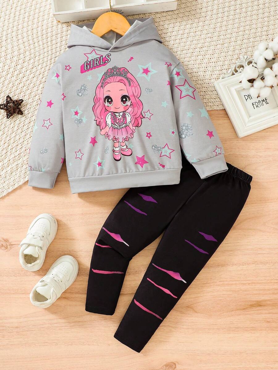 SHEIN Young Girl Cartoon Character Pattern Hooded Sweatshirt And Long ...