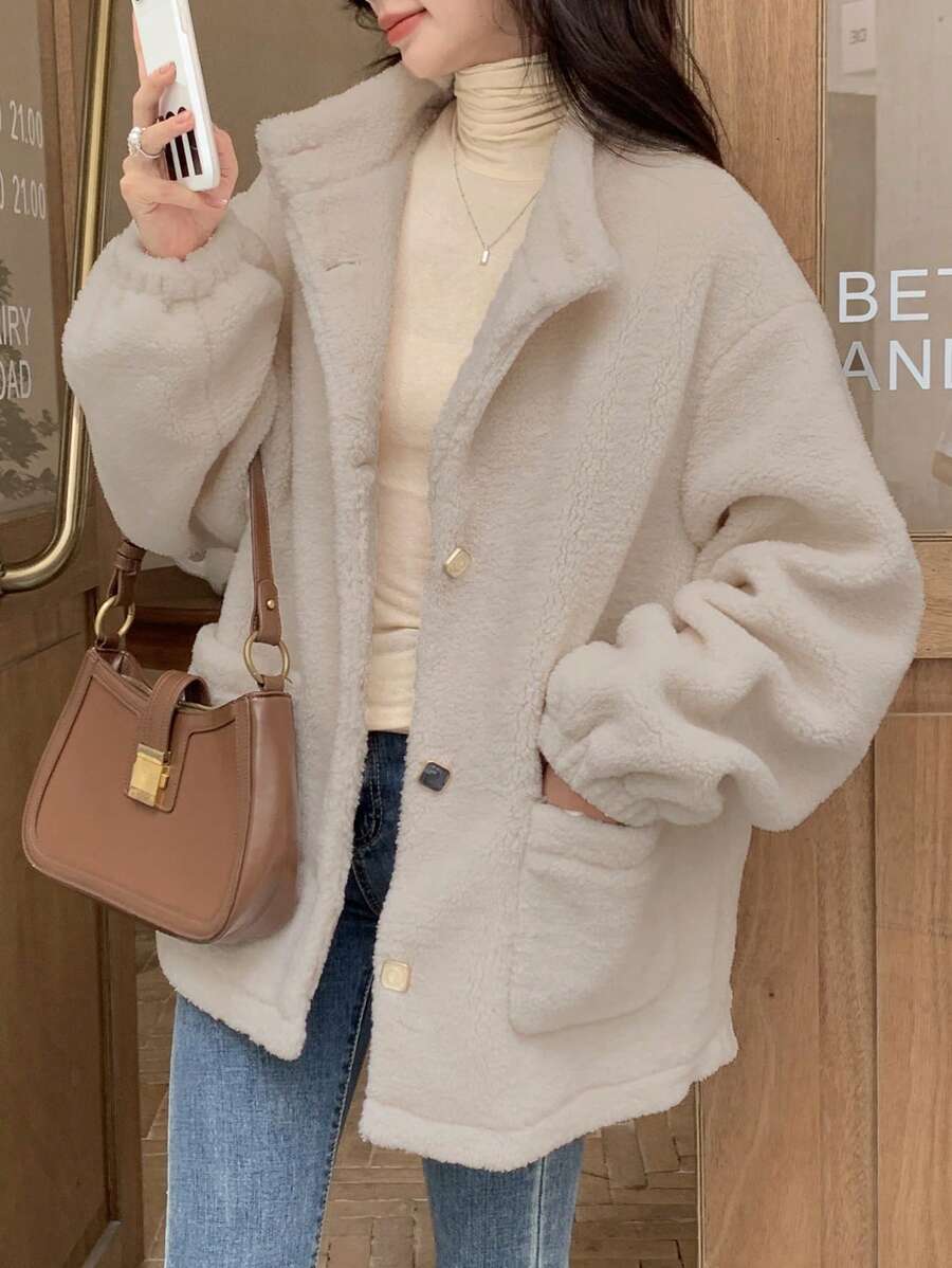 DAZY Solid Drop Shoulder Teddy Coat | SHEIN USA