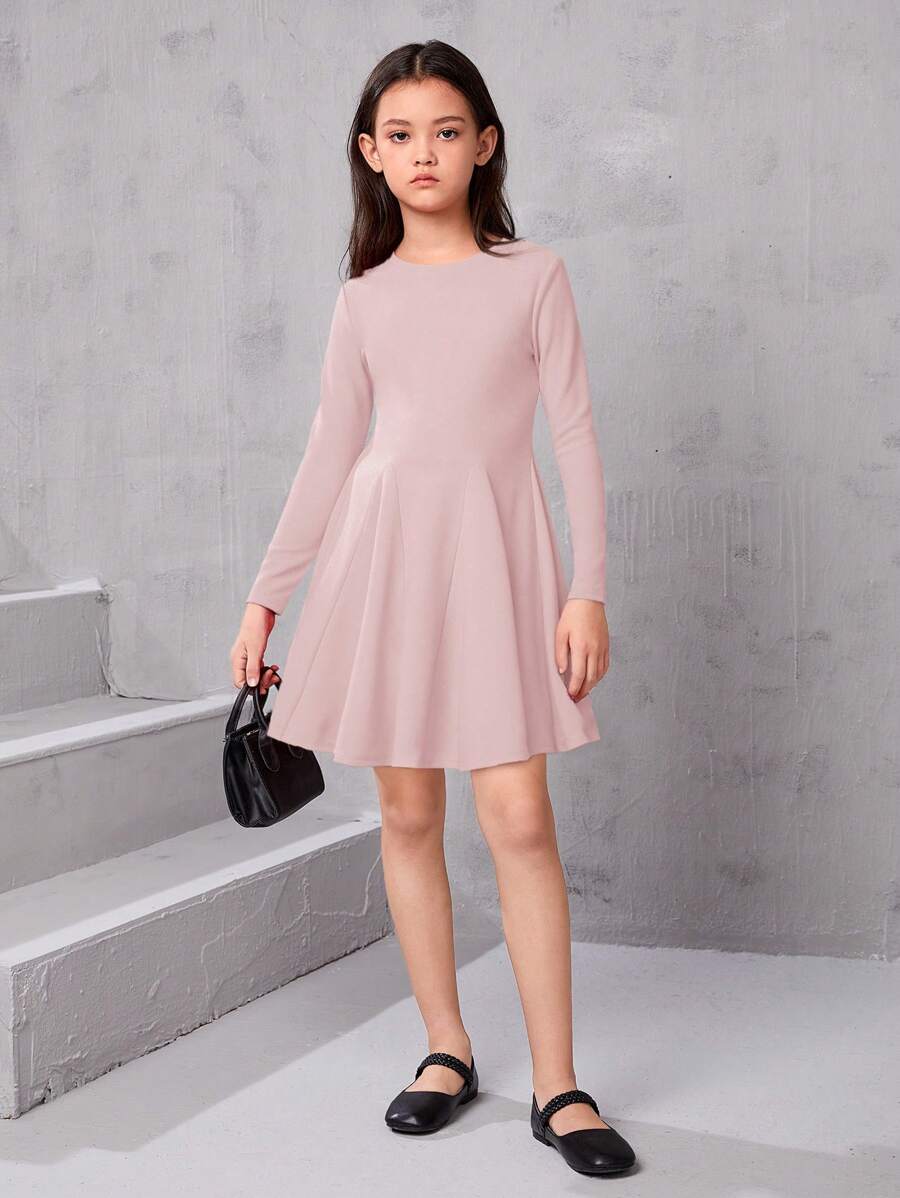 SHEIN Kids Nujoom Tween Girl Solid Round Neck Dress | SHEIN USA