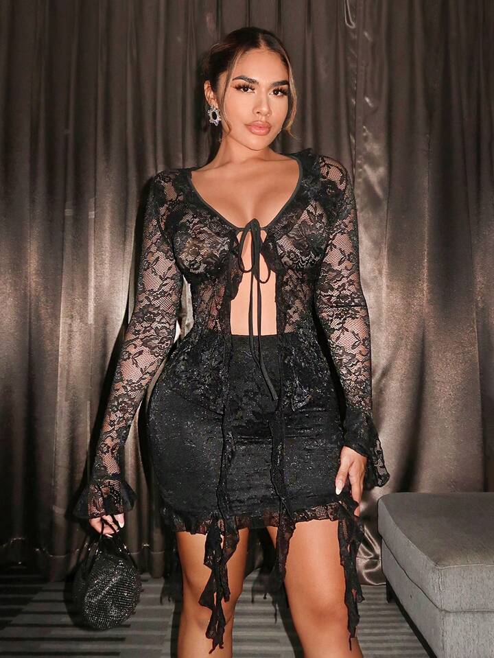 SHEIN SXY Lace Up Lace Top And Skirt Set Sexy Outfits Club Women Co Ords Birthday Outfit Spring Women Clothes Prom Dress Valentine Day Dress Date Night Dress Bachelorette Party SHEIN USA