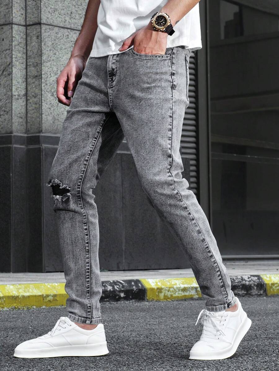 Manfinity LEGND Men Cotton Ripped Washed Skinny Jeans Slim Fit Long ...