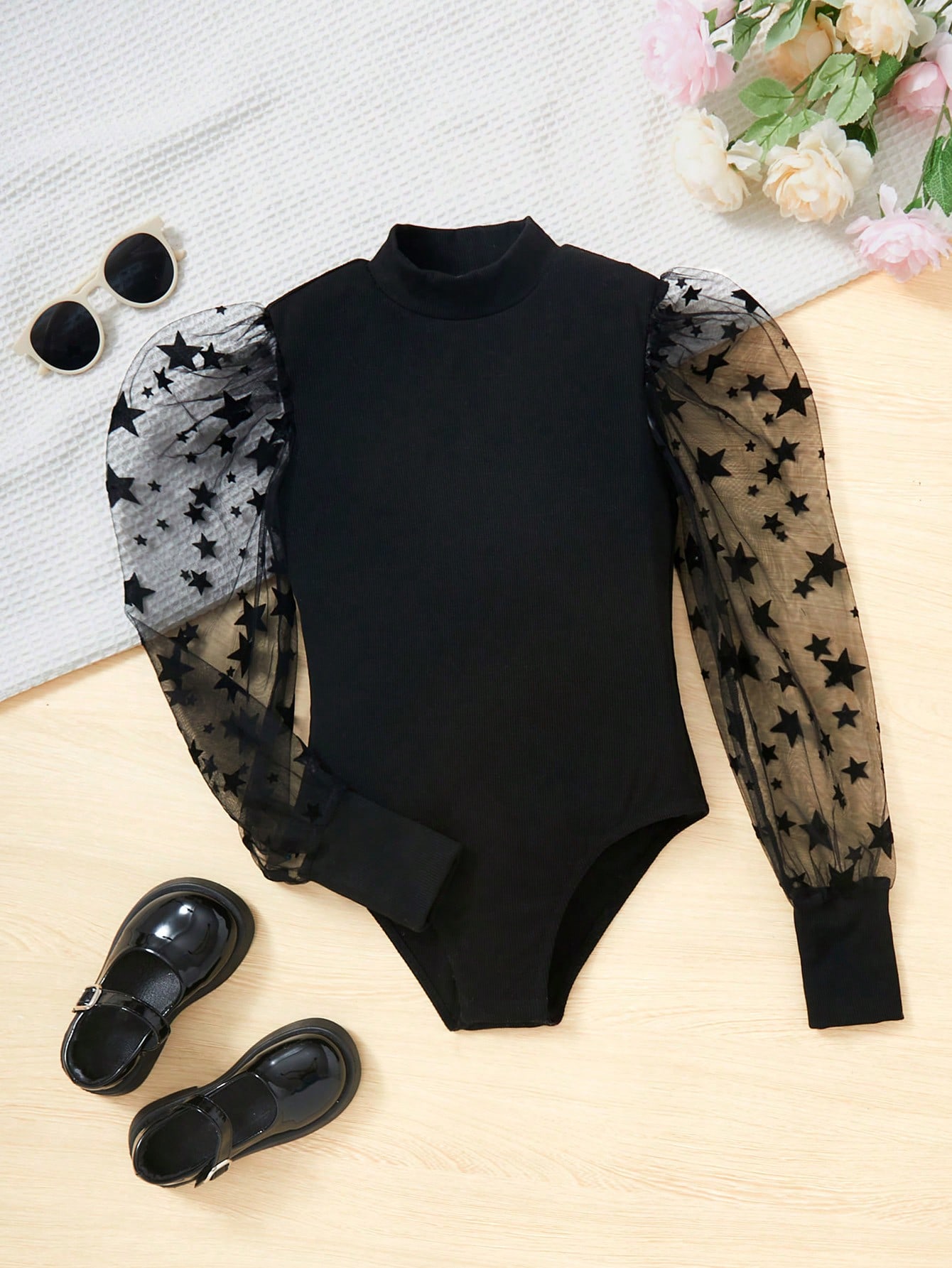 SHEIN Tween Girls Slim Fit Half Turtle Neck Casual Bodysuit With Mesh ...