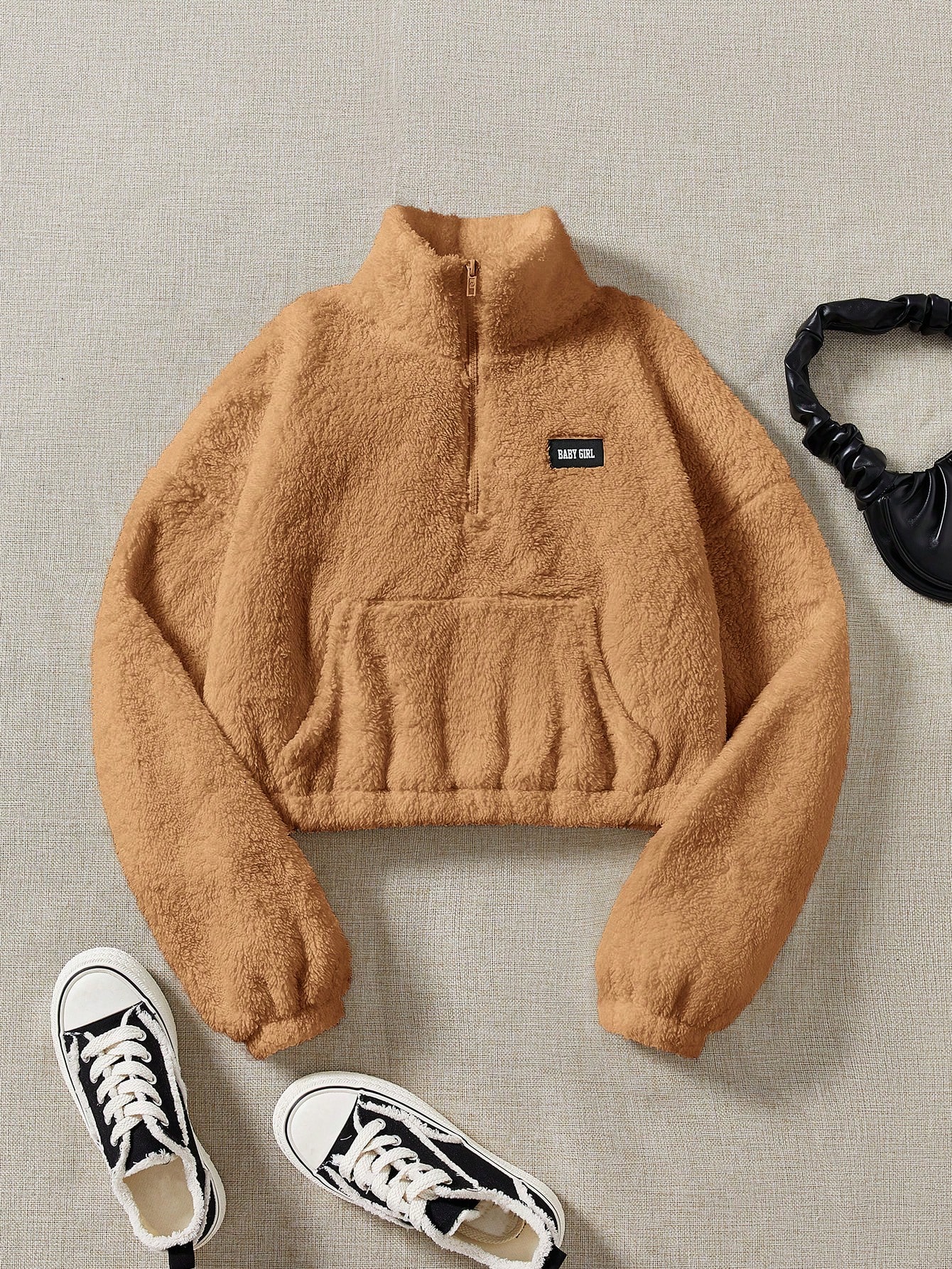 SHEIN EZwear Letter Patched Kangaroo Pocket Drop Shoulder Teddy Sweatshirt | SHEIN USA